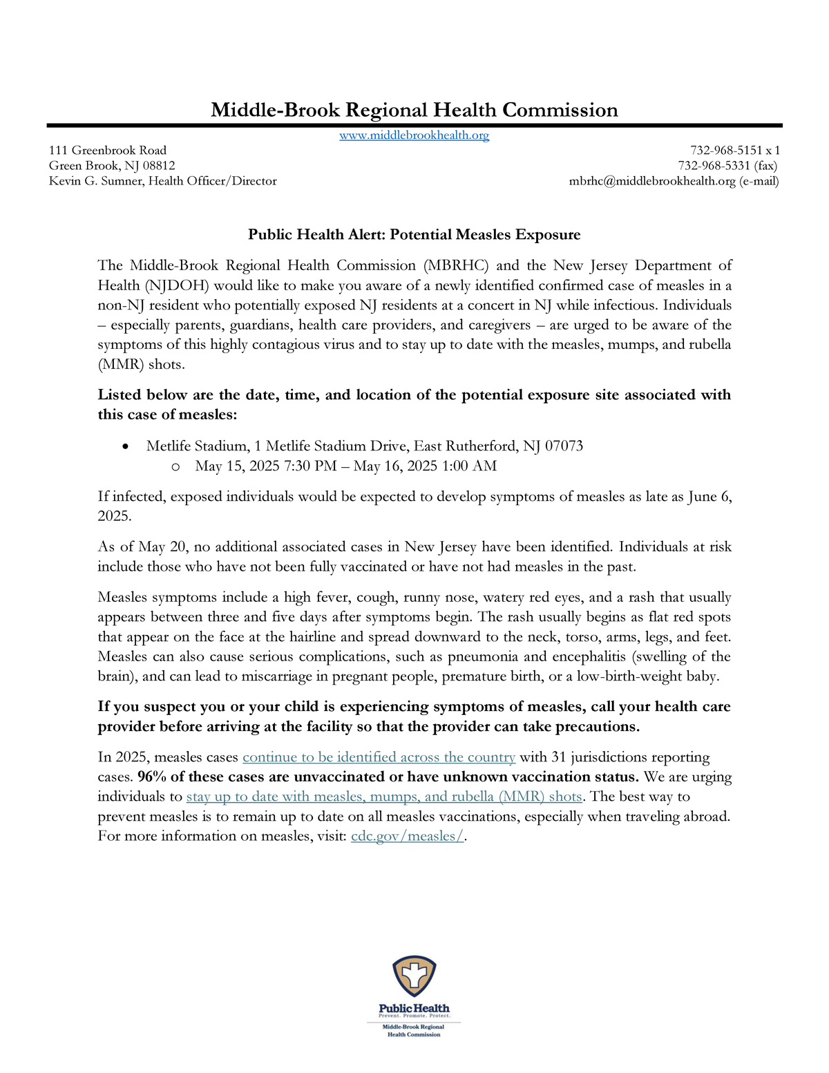 Watchung, NJ - Public Health Alert: Potential Measles Exposure