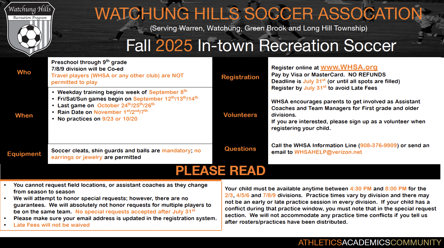 Watchung, NJ - Fall Soccer Program Announced