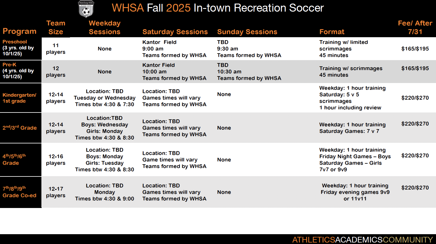 Watchung, NJ - Fall Soccer Program Announced